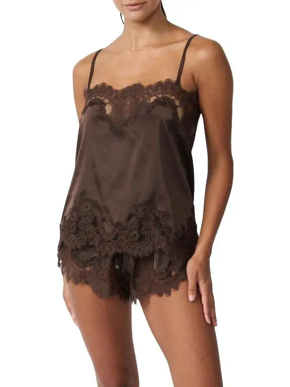 KAT THE LABEL Lace Trim Satin Camisole - Espresso
