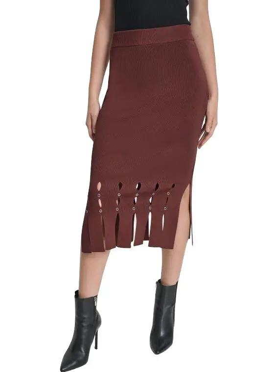 Dkny Grommet Trim Fringe Hem Midi Skirt - Bitter Chocolate