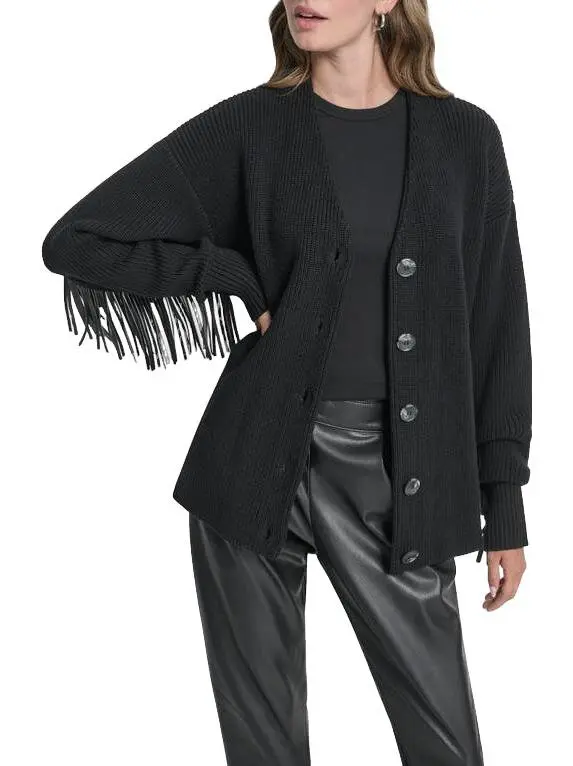 Dkny Faux Leather Fringe Cardigan - Black