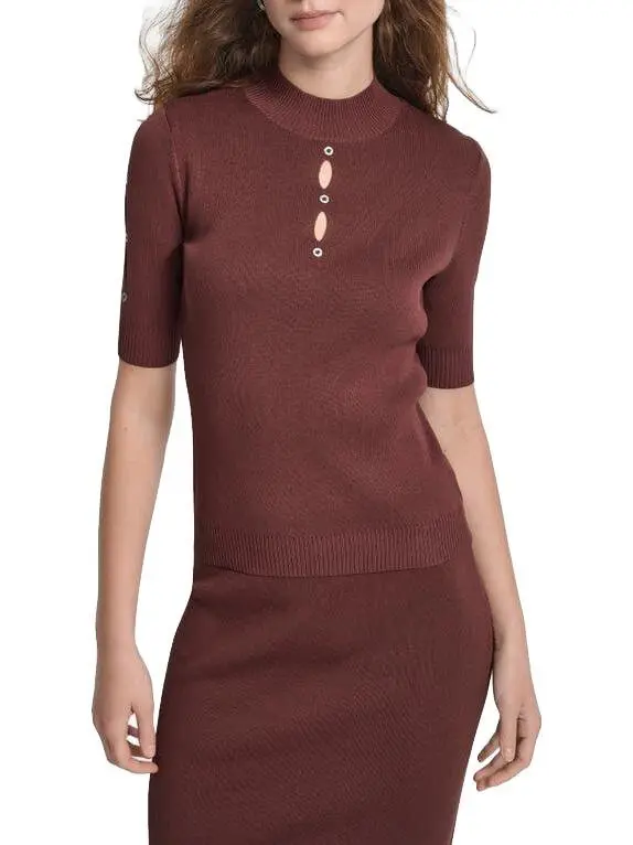 Dkny Cutout Grommet Mock Neck Sweater - Bitter Chocolate