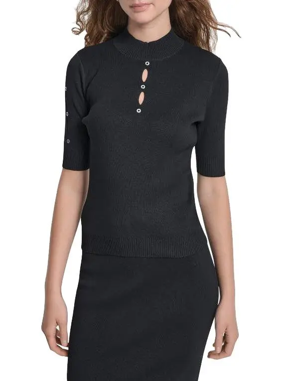 Dkny Cutout Grommet Mock Neck Sweater - Black