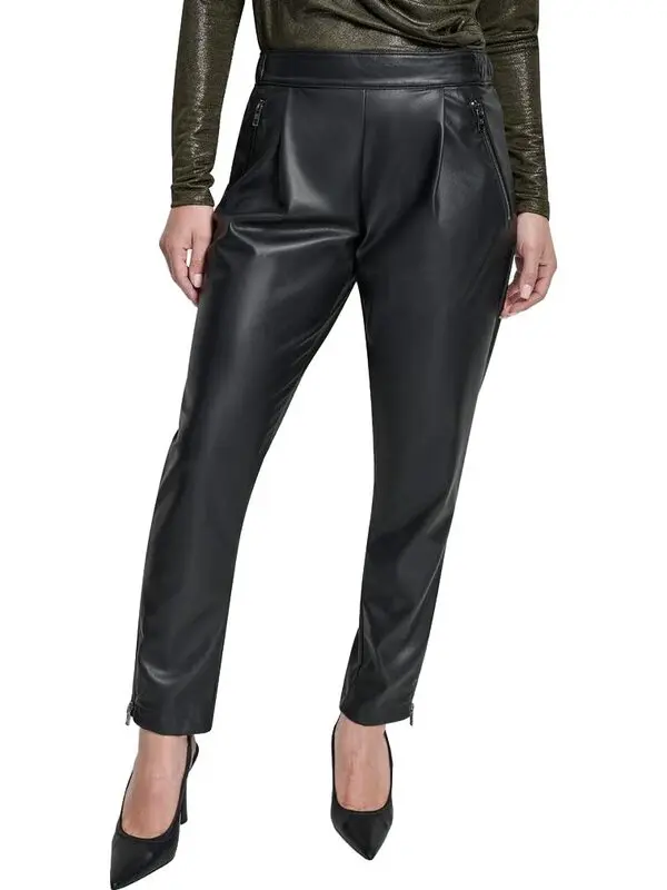 Dkny Faux Leather Tapered Zip Hem Pants - Black