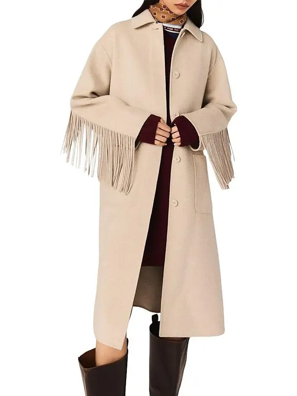 Maje Fringe Detailed Coat - Beige