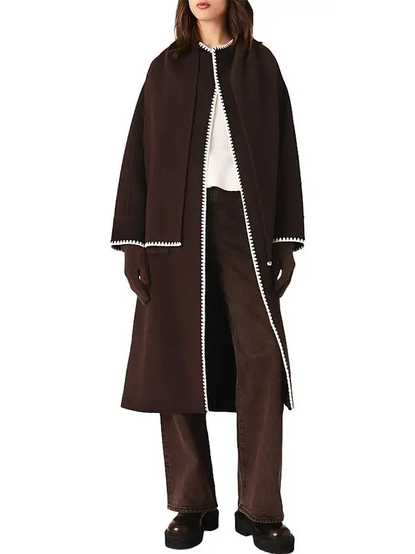 Maje Embroidered Double Faced Coat - Dark Brown
