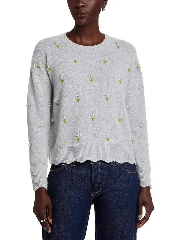 Bloomingdale'S Floral Pearl Embellished Cashmere Sweater - Light Gray