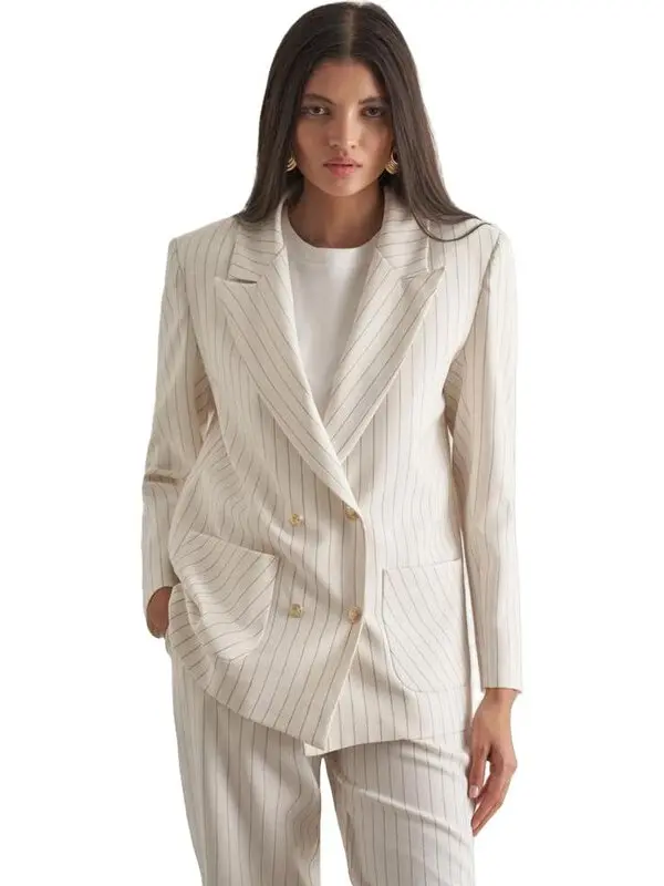 MIZALLE Striped Double-breasted Blazer - Ecru