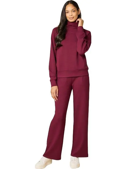 SOFTIES Athleisure Mock Neck And Pleated Pant Set - Cherry Cola