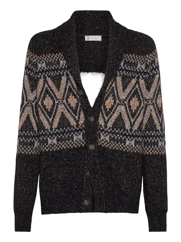 Brunello Cucinelli Mouliné Virgin Wool-silk-cashmere Jacquard Cardigan - Black