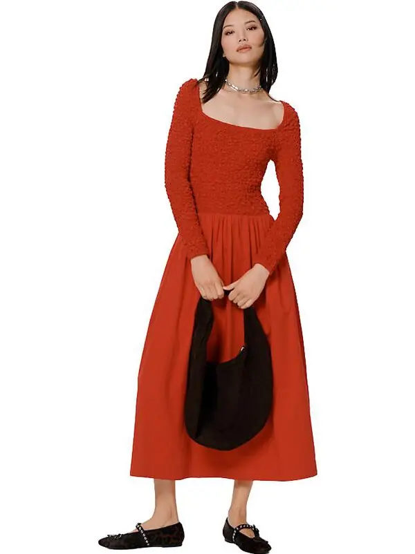 DAMSON MADDER Malda Smocked Long-sleeve Midi Dress - Red