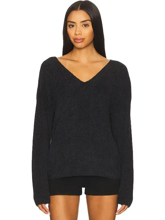 Barefoot Dreams Cozychic Lite Ribbed V Pullover With Back Tie - Black