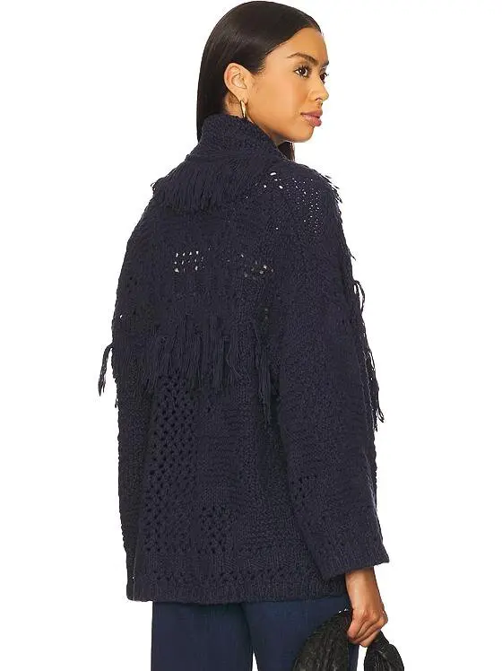 Autumn Cashmere Southwest Fringed Shawl Collar Throw Jacket - Navy