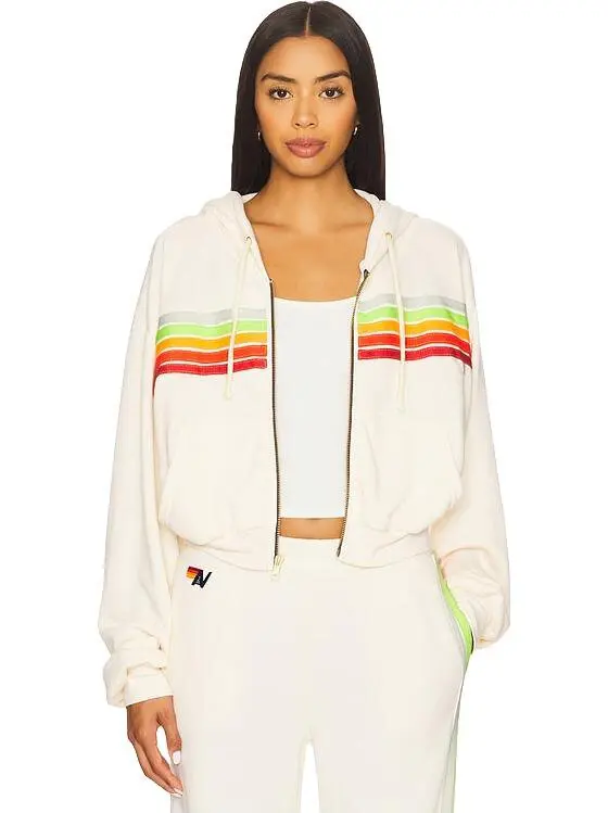 Aviator Nation 5 Stripe Cropped Zip Hoodie - Vintage White & White Neon