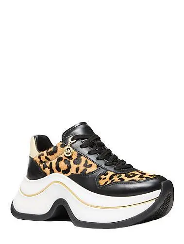 Michael Kors Arla Leopard Print Calf Hair And Leather Trainer - Yellow