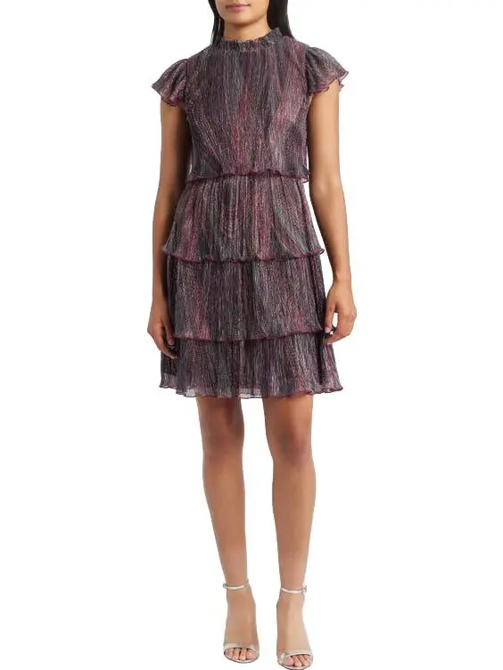 Vince Camuto Metallic Crinkle Tiered Dress - Burgundy Multi