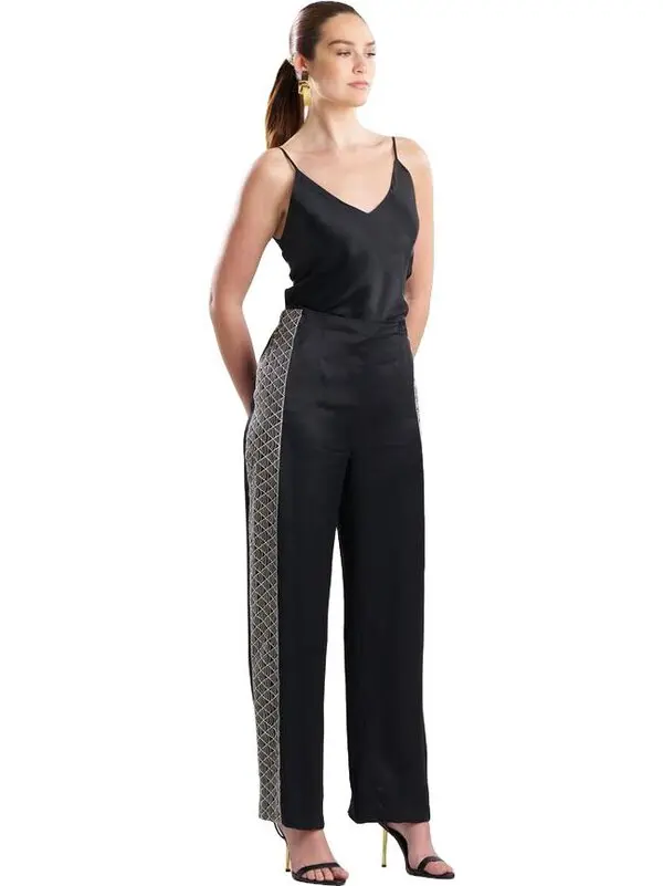 Natori Couture Nara Embroidered Silk Pants - Gray / Black / White