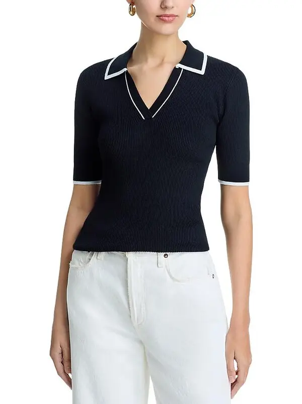 T Tahari Elbow Sleeve Polo Top - Black