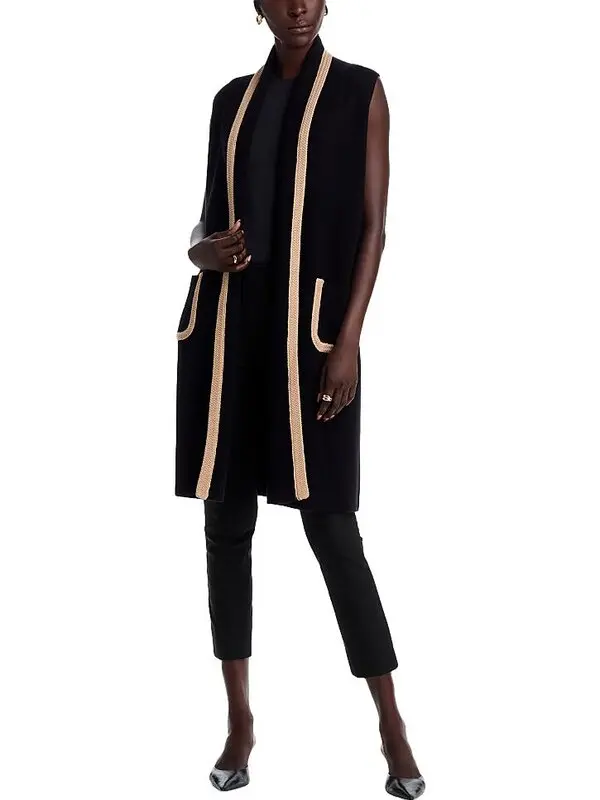T Tahari Contrast Trim Long Cardigan - Black/stone Camel Heather