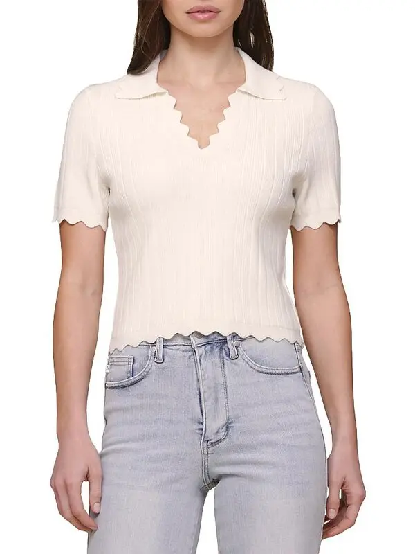 Bagatelle Ribbed Scalloped Edge Top - Oat