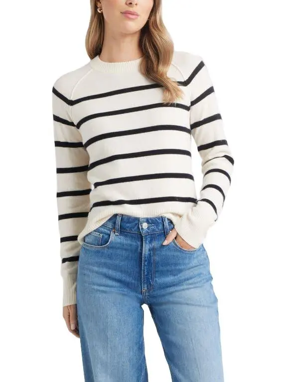 Caslon Raglan Sleeve Wool & Cashmere Sweater - Ivory- Black Cammie Stripe