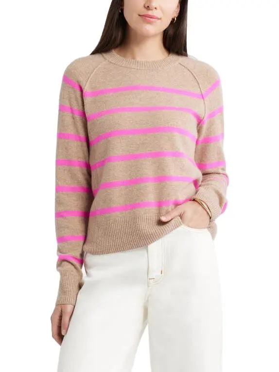 Caslon Raglan Sleeve Wool & Cashmere Sweater - Tan Camel- Pink Cammie Stripe