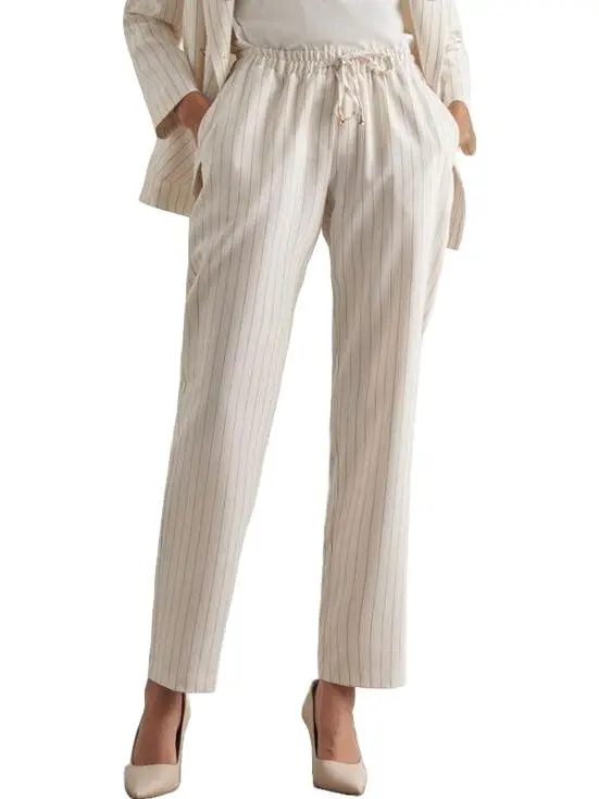 MIZALLE Striped Drawstring Wide Leg Trousers - Ecru