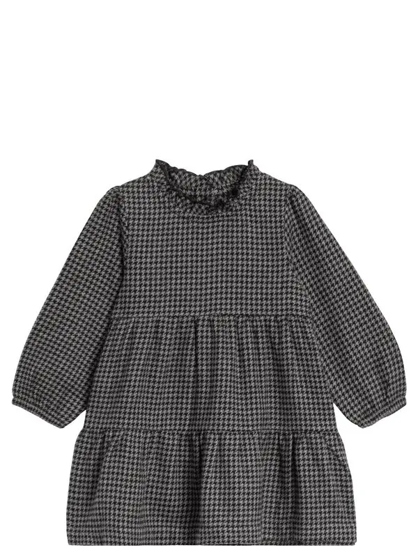 KENDI Organic Flannel Ruffle Neckline Long Sleeve Dress - Houndstooth