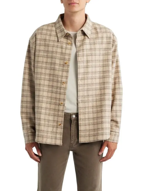 FRAME Plaid Wool Blend Overshirt - Beige Multi