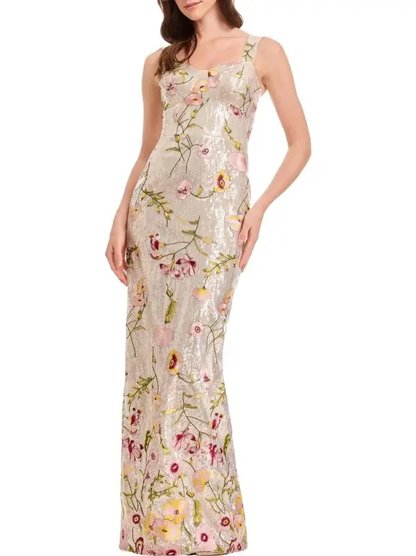 Dress The Population Floral Sequin Sheath Gown - Champagne Multi