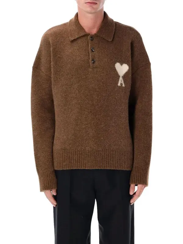 Ami Wool Polo Sweater With De Coeur Logo - Brown