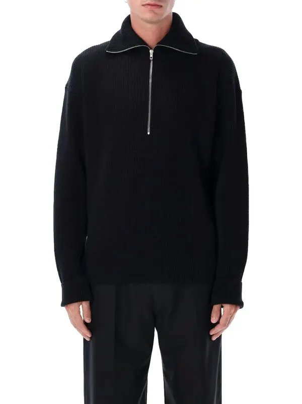 LEMAIRE Half Zip Ribbed Virgin Wool Sweater - Black