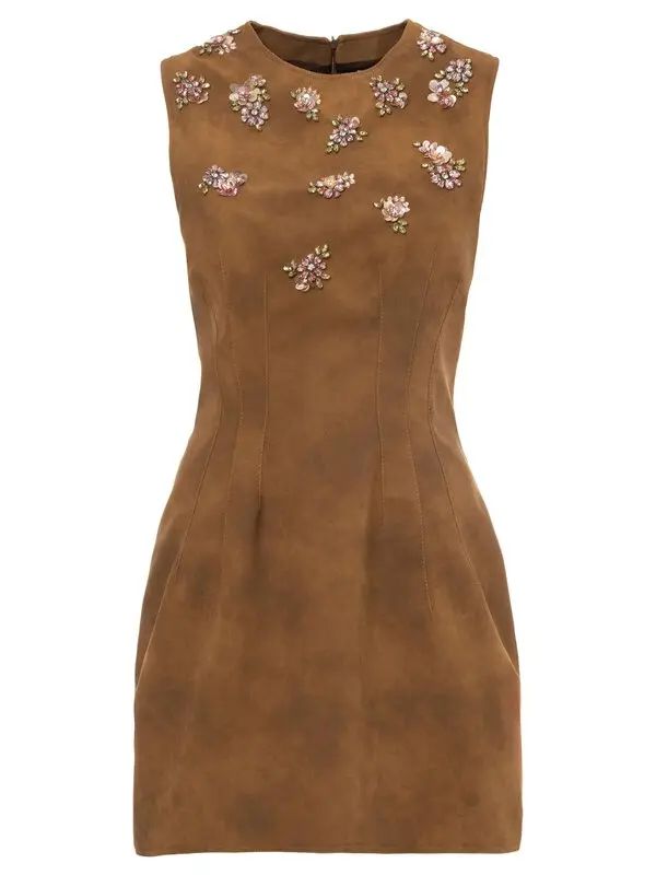 DES_PHEMMES Embroidered Faux Suede Mini Dress - Tan