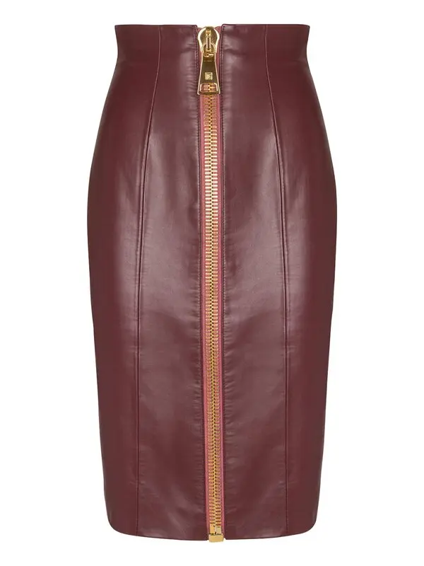Balmain Lambskin Pencil Skirt With Zip Detail - Brown