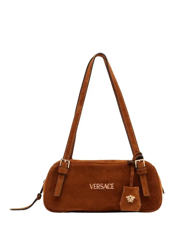 Versace Tag Suede Shoulder Bag - Brown