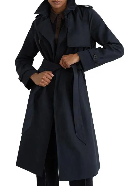 REISS Azura Trench Coat With Removable Quilted Hood - Navy
