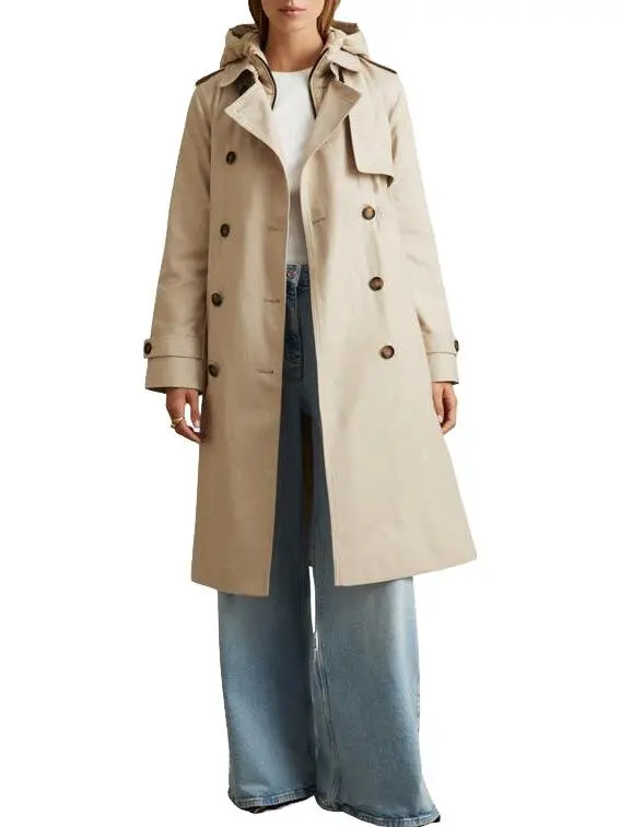 REISS Azura Trench Coat With Removable Quilted Hood - Stone