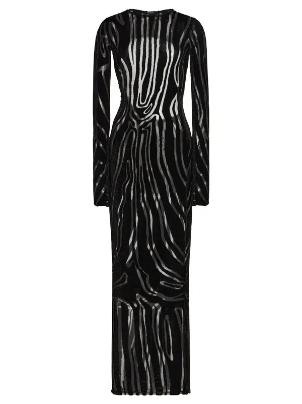 Balmain Zebra-patterned Velvet Devoré Maxi Dress - Black