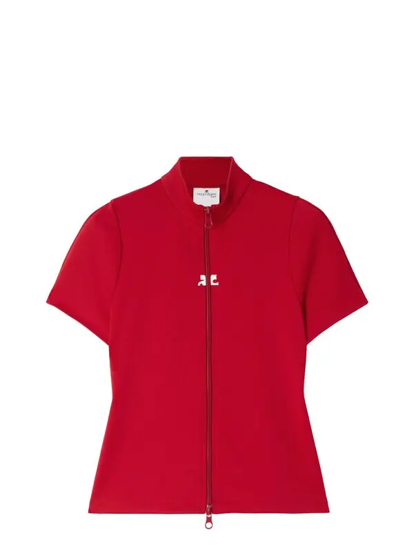 COURREGES Embroidered Jersey Zip-up T-shirt - Red