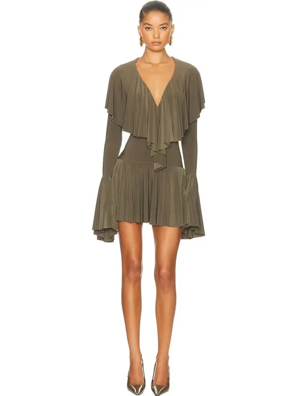 Norma Kamali Long Sleeve Deep V Ruffle Mini Dress - Bark