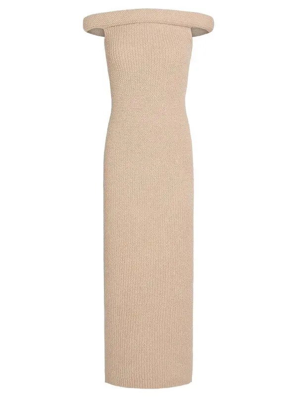 TOTEME Off-the-shoulder Metallic Knitted Midi Dress - Beige