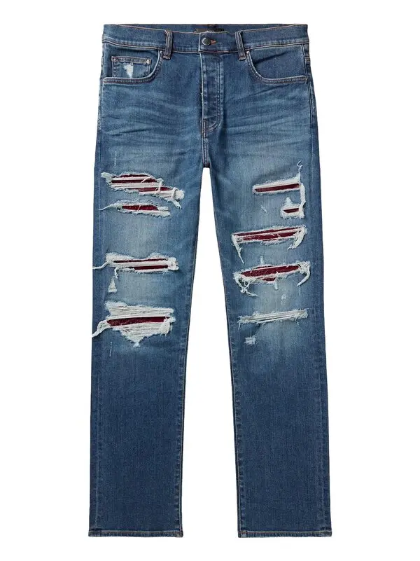 Amiri Thrasher Slim-fit Croc-effect Leather-trimmed Panelled Jeans - Blue