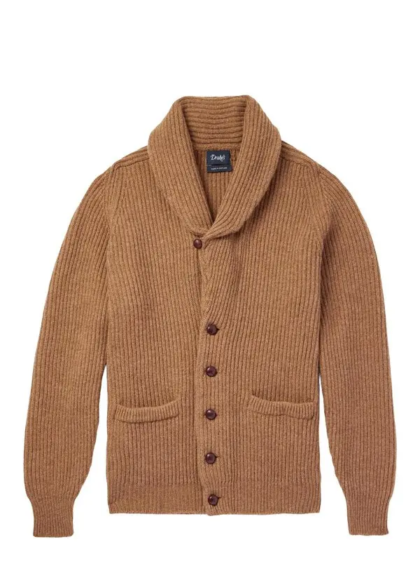 DRAKE'S Slim-fit Shawl-collar Ribbed Wool Cardigan - Brown