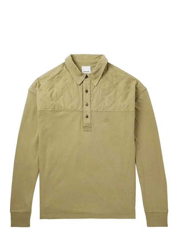 MARANT Kian Logo-embroidered Quilted Poplin-panelled Cotton-jersey Polo Shirt - Green