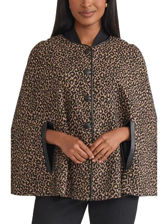 KASPER Leopard Print Cape - Dark Camel/black