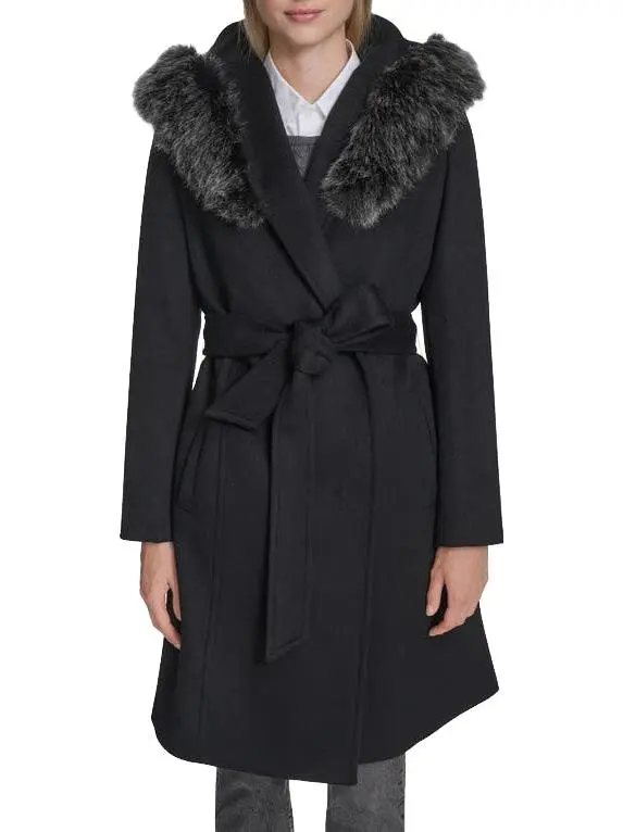 Cole Haan Wool Blend Coat With Faux Fur Trimmed Hood - Black