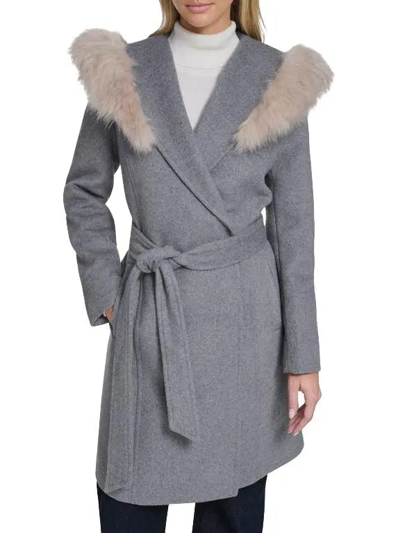 Cole Haan Wool Blend Coat With Faux Fur Trimmed Hood - Medium Grey