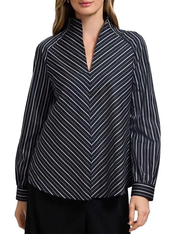 Foxcroft Daphne Stripe Stretch Cotton Blend Pullover Shirt - Black/white