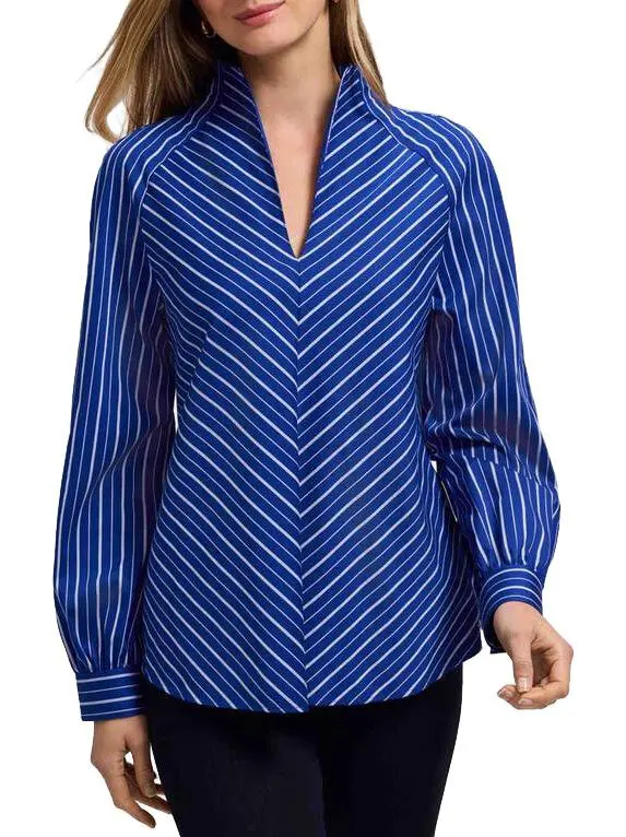 Foxcroft Daphne Stripe Stretch Cotton Blend Pullover Shirt - Blue/white