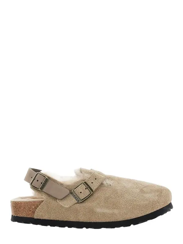 BIRKENSTOCK Tokio Suede And Shearling Mules With Engraved Logo - Beige