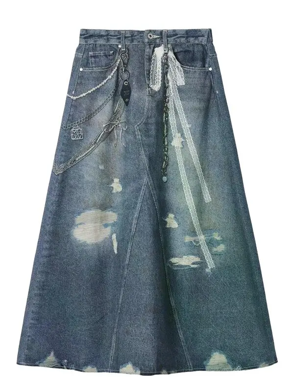MUSIUM DIV. Denim A-line Midi Skirt With Lace Embellishment - Blue