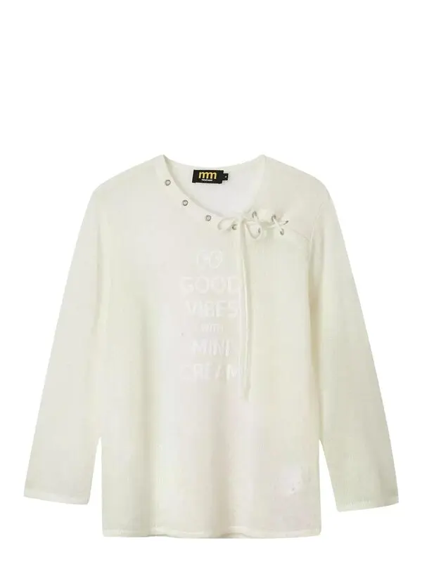 MINI CREAM Long-sleeve Sweater With Lace-up Neckline - Neutrals